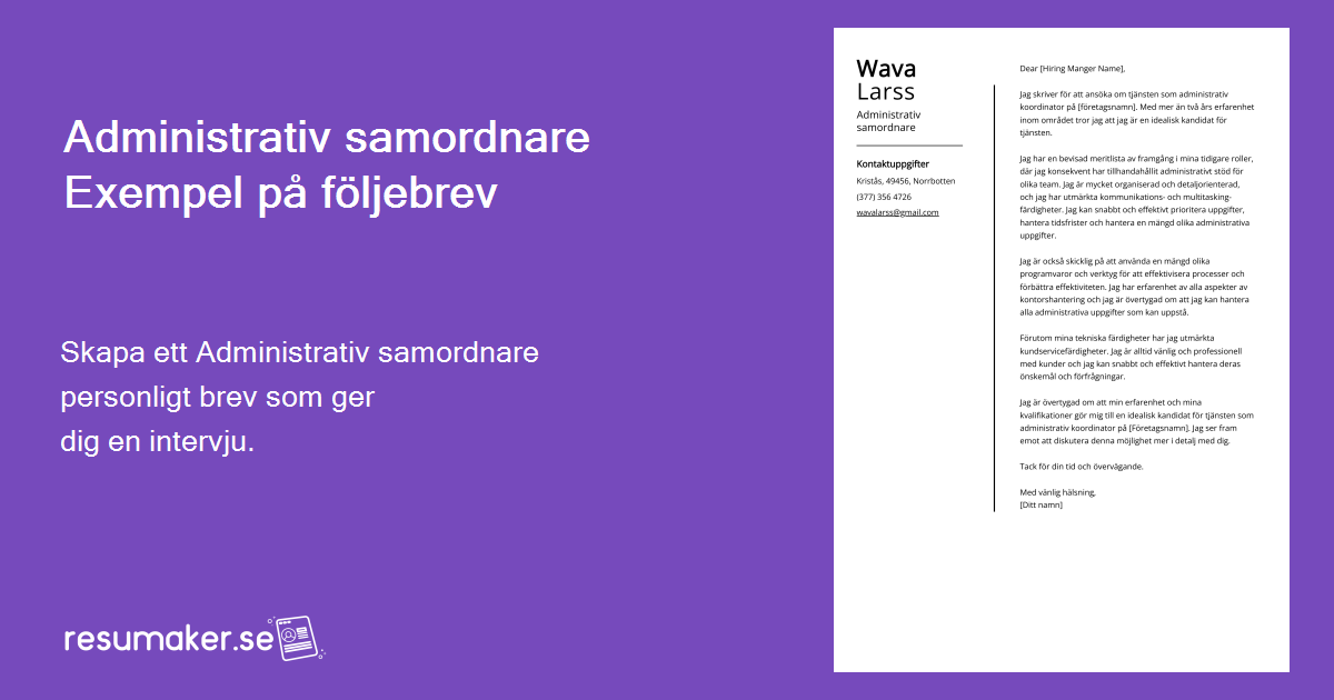 Administrativ samordnare Exempel på personligt brev för 2025