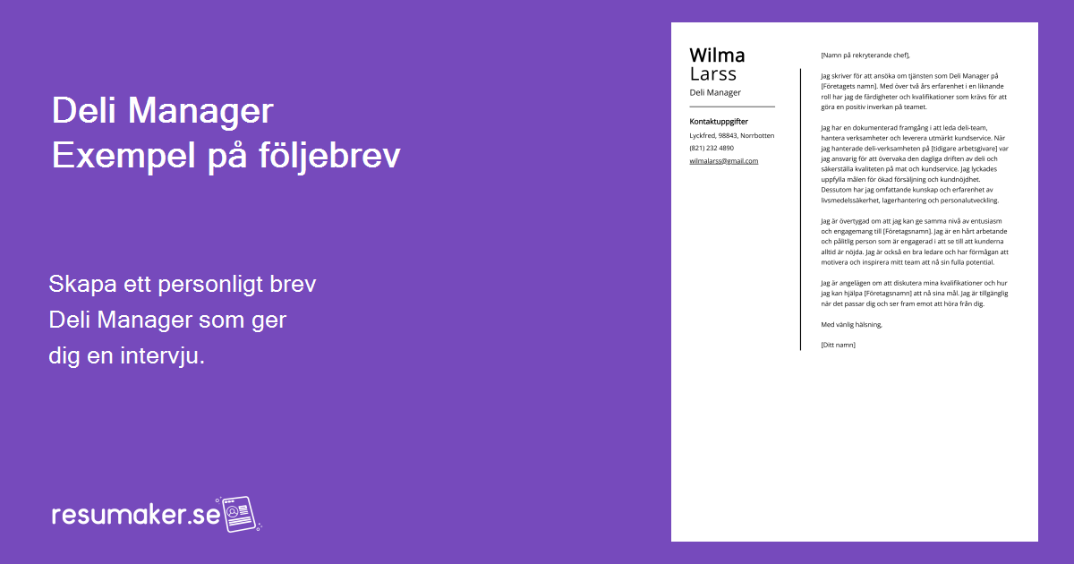 Deli Manager Exempel på följebrev för 2025