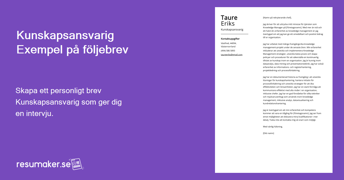 Kunskapsansvarig Följebrev: Arbetsbeskrivning, exempel och guide
