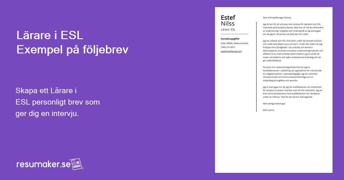 Lärare i ESL Exempel på personligt brev för 2025