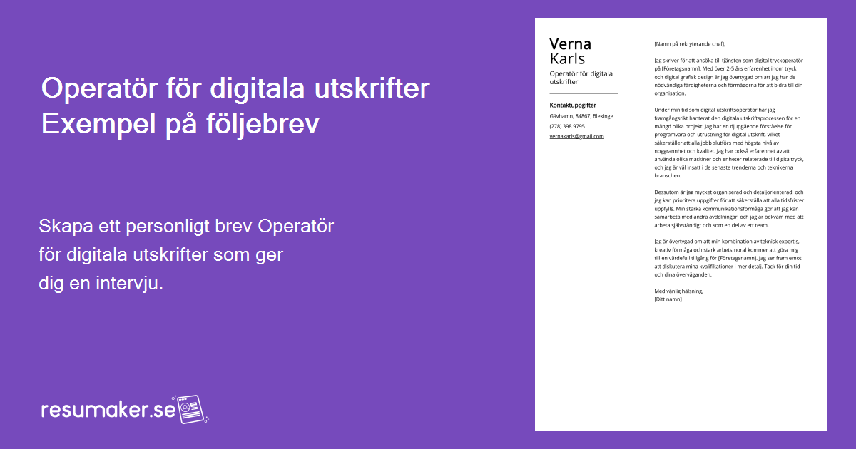 Operatör för digitala utskrifter Exempel på personligt brev för 2024