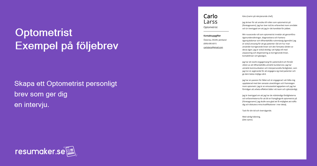 Optometrist Följebrev: Arbetsbeskrivning, exempel och guide