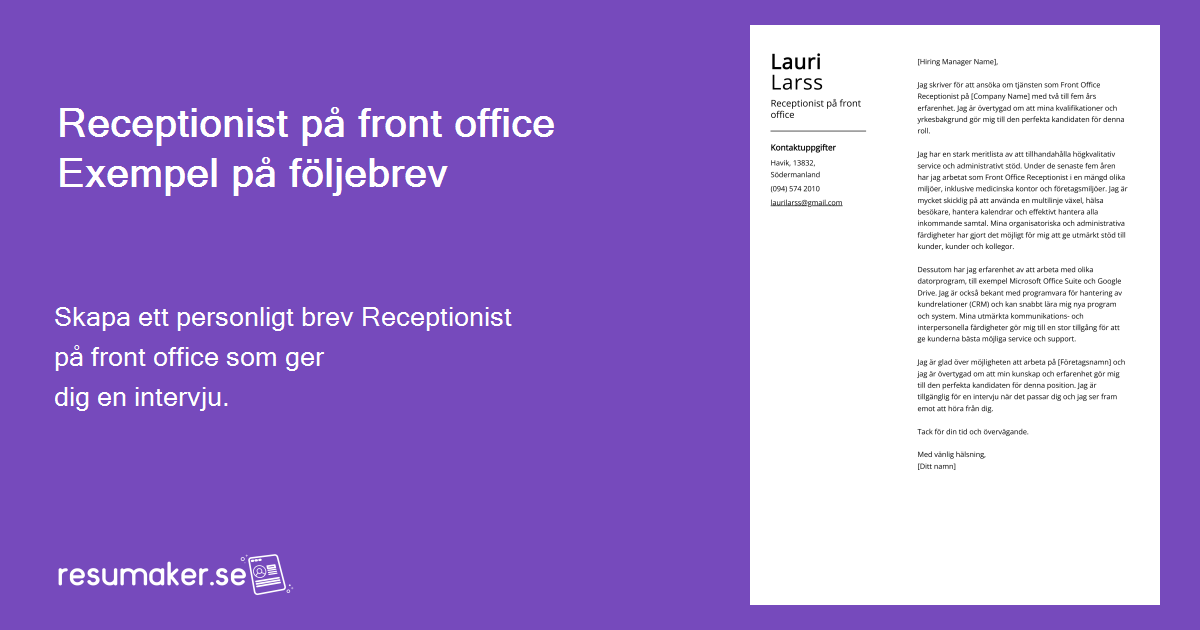 Receptionist på front office Följebrev: Exempel & Guide (Ingångsnivå ...