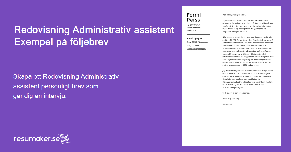 Redovisning Administrativ assistent Exempel på personligt brev för 2025