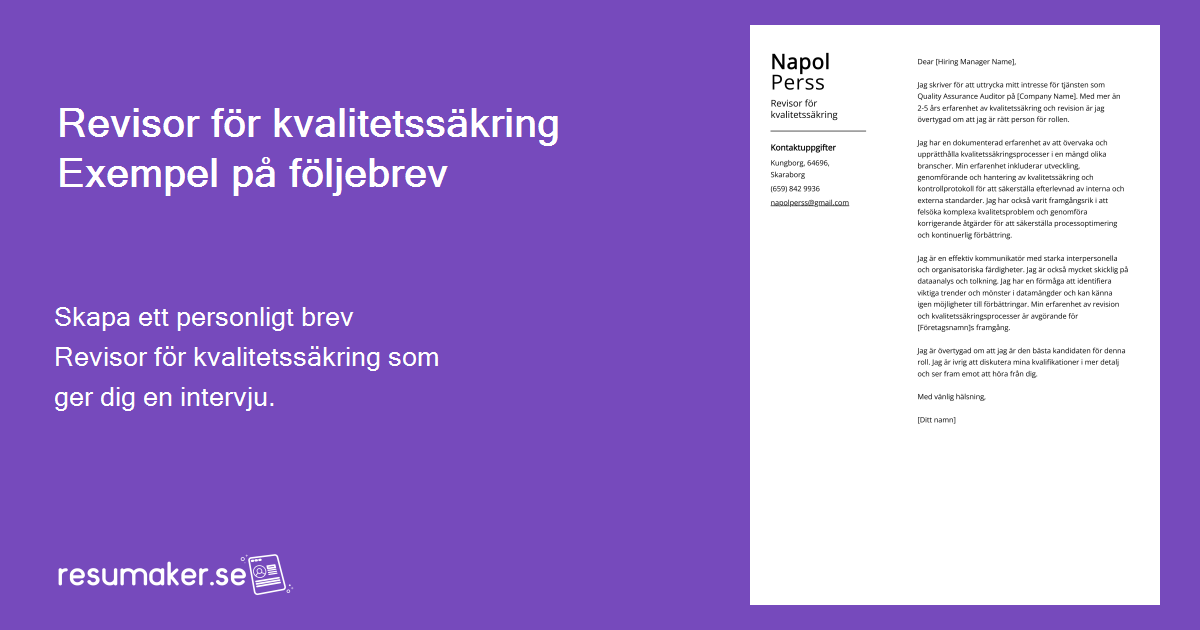 Revisor för kvalitetssäkring Exempel på personligt brev (mall & 20+ tips)