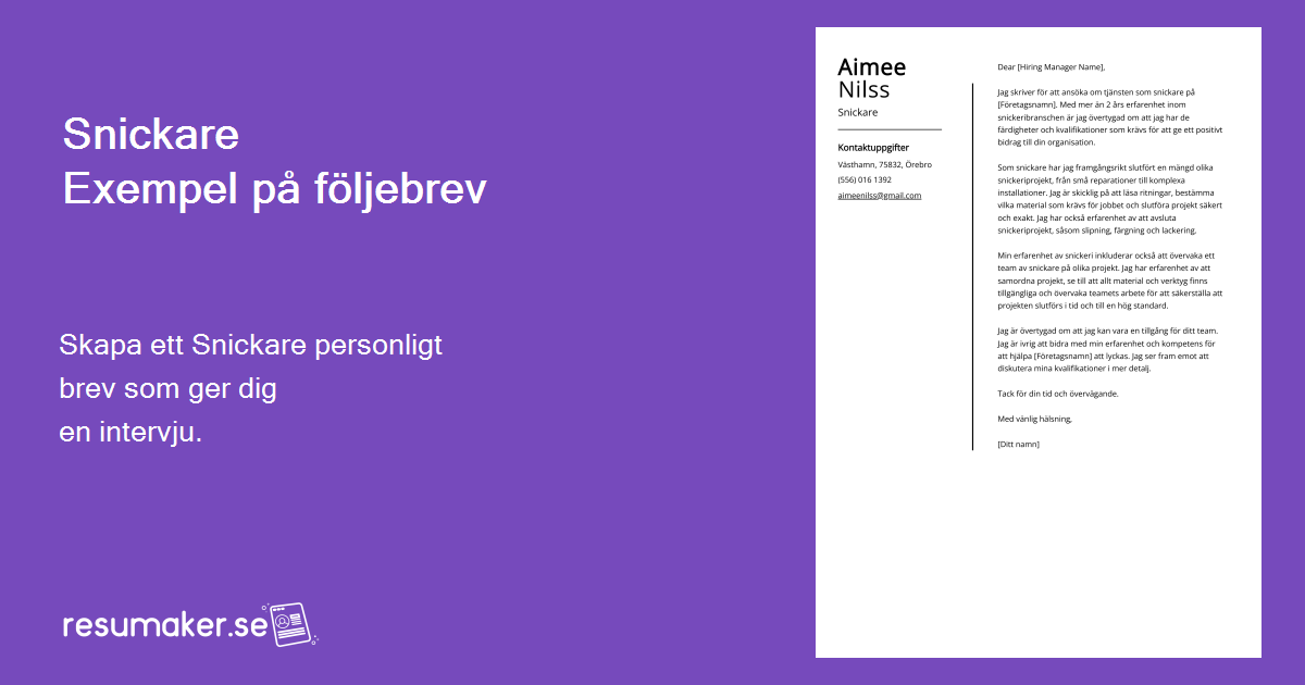 Snickare Exempel på personligt brev för 2025